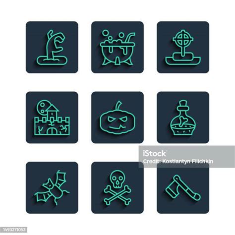 플라잉 박쥐 크로스본에 두개골 나무 도끼 묘비 호박 성 요새 좀비 손 및 병 물약 아이콘을 설정합니다 벡터 10월에 대한 스톡