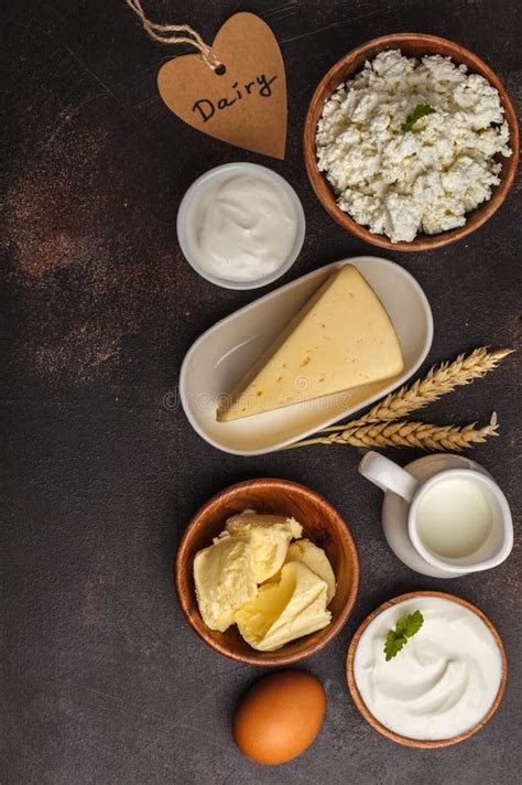 Different Types Of Dairy Products On Dark Background Top View Stock Photo Image Of Meal