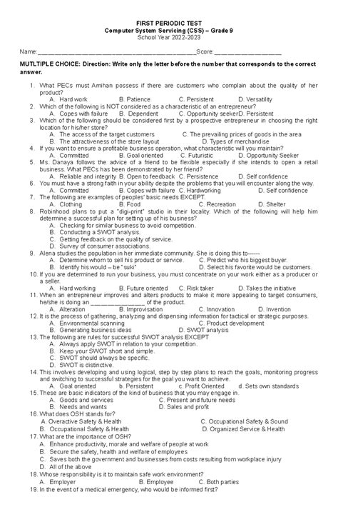 first periodic test css 9 first periodic test computer system servicing css grade 9 school