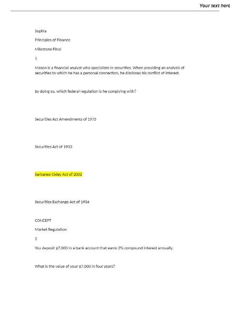 Sophia Principles Of Finance Milestone Final 2022 Exams Finance Docsity