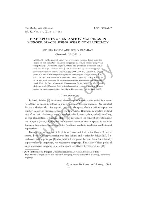 Pdf Fixed Points Of Expansion Mappings In Menger Spaces Using Weak Compatibility