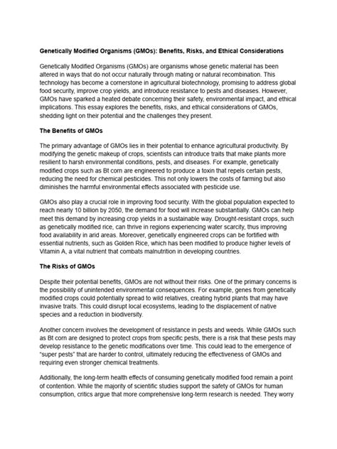 Genetically Modified Organisms Gmos Benefits Risks And Ethical Considerations Pdf