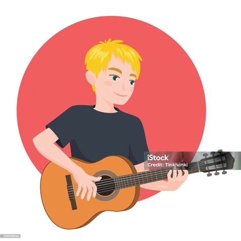 뮤지션 재생 기타입니다 금발 소년 기타리스트는 클래식 악기를 연주에 영감을 디자인 및 인쇄에 대 한 흰색 바탕에 동그라미에서 플랫 만화 스타일에 벡터 그림 기타 연주자에