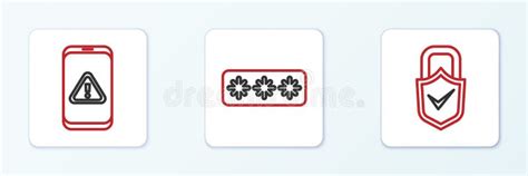 Set Line Lock And Check Mark Mobile With Exclamation And Password Protection Icon Vector Stock