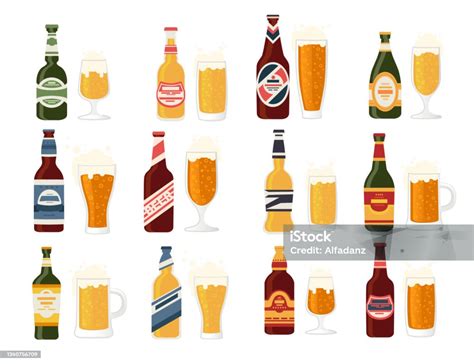 흰색 배경에 고립 된 맥주 알코올 음료 플랫 벡터 일러스트레이션의 다른 유형의 라벨과 유리 맥주 머그컵 병맥주 병 Ale에 대한 스톡 벡터 아트 및 기타 이미지 Istock