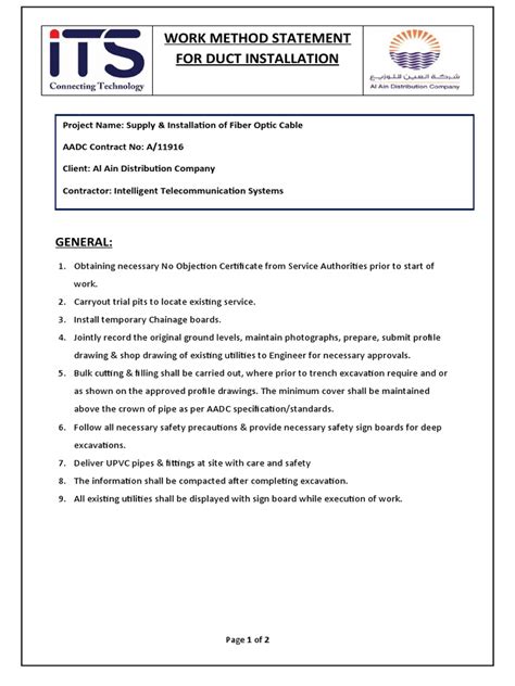 Work Method Statement For Duct Installation General Pdf