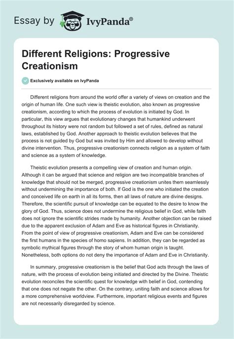 Different Religions Progressive Creationism 368 Words Essay Example