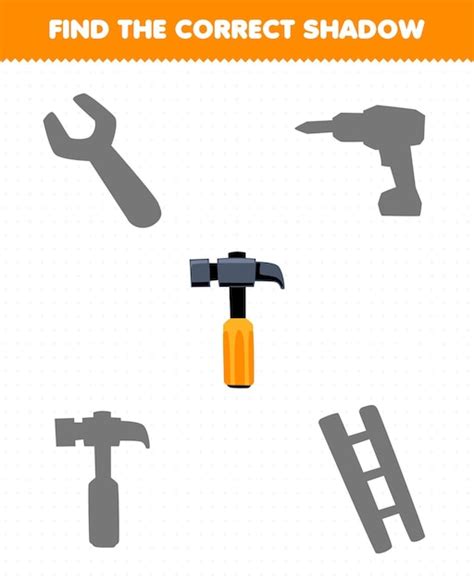 어린이를 위한 교육 게임은 귀여운 만화 망치 인쇄 가능한 도구 워크시트의 올바른 그림자 세트를 찾습니다 프리미엄 벡터