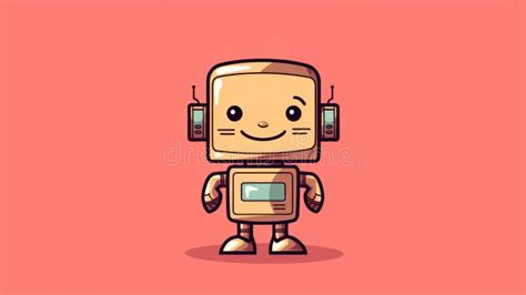 Minimal Cute Robot Smiling On Red Background Stock Illustration