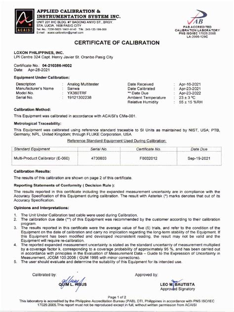 Calibration Certificate Multimeter Pdf