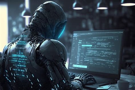 Premium Ai Image A Robot Working On A Computer With A Man In A Dark Room
