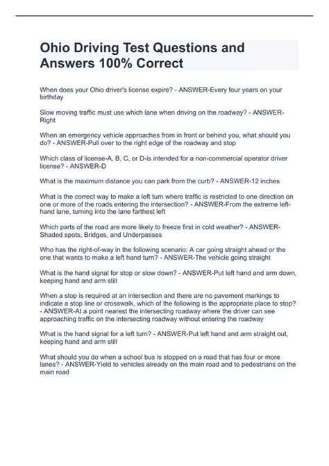 Ohio Driving Test Questions And Answers 100 Correct Ohio Driving Stuvia Us