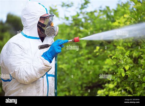 Spray Ecological Pesticide Farmer Fumigate In Protective Suit And Mask