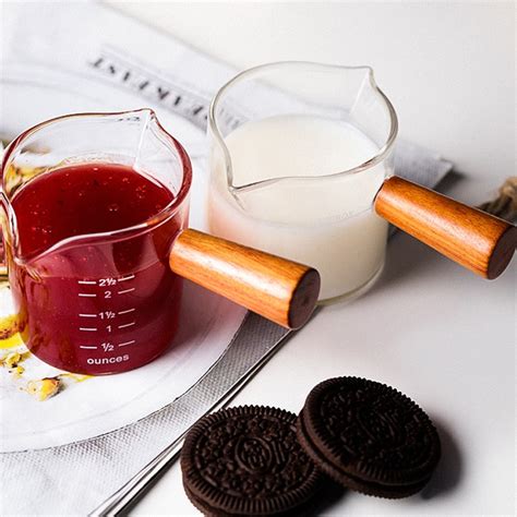 Badu Bg Дървена дръжка Чаша за мляко с двойна уста Прозрачна стъклена мерителна чаша за кафе