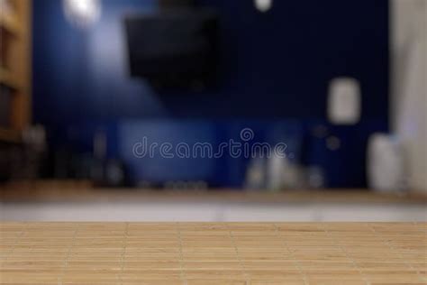 Wooden Corrugated Table Surface On A Blurred Kitchen Background Space