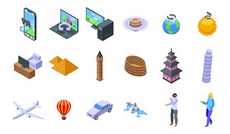 가상 현실 여행 아이콘은 등각 투영 벡터를 설정합니다 교육 캠프 파이어 Vr 3차원 형태에 대한 스톡 벡터 아트 및 기타 이미지
