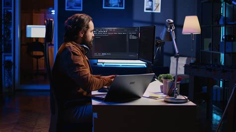 Technician Typing Code In Neon Lit Personal Office Using Javascript