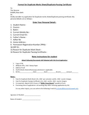 Fillable Online Sample Application Format For Duplicate Mark Sheet Fax Email Print PdfFiller