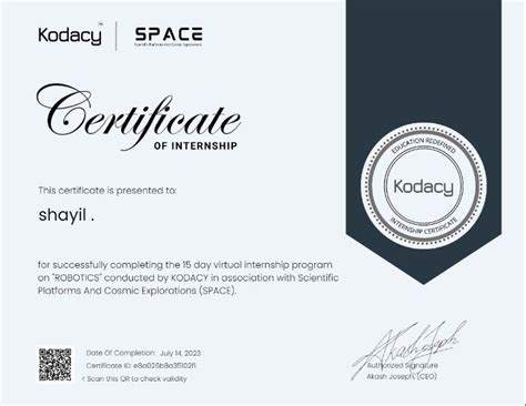 Shayil On Linkedin Completed A Virtual Internship On Robotics Provided By Kodacy With Space