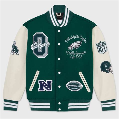 Woolleather Green And White Philadelphia Eagles Ovo Varsity Jacket