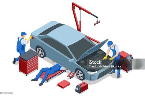 세 명의 아이소메트릭 정비사가 빨간 크레인과 공구 상자를 사용하여 후드를 연 채 자동차를 정비합니다 하나는 아래에서 작동하고 다른 하나는 차체 및 엔진 구성 요소를