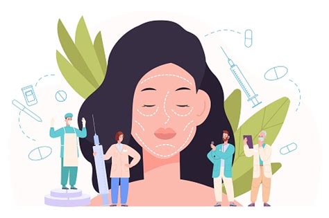성형 미적 견해 코 여자 얼굴 성형 수술 절차 외과 의사 얼굴 라인 구성 Rhytidectomy 아름다움 의학 젊어지게 치료 벡터 일러스트 레이 션을 만듭니다 얼굴올림술에