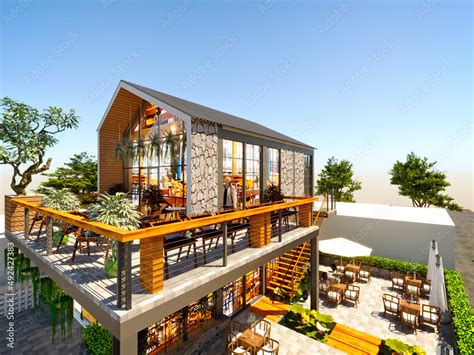 3d Render Of Luxury Cafe Restaurant Exterior View Stock Illustration