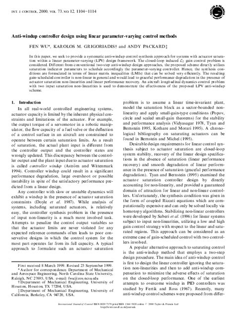 Pdf Anti Windup Controller Design Using Linear Parameter Varying