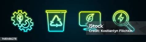 기어 기계에 라인 리프 플랜트를 설정하고 재활용이 있는 휴지통 위치 리프 및 번개 볼트를 설정합니다 빛나는 네온 아이콘입니다 벡터 0명에 대한 스톡 벡터 아트 및 기타