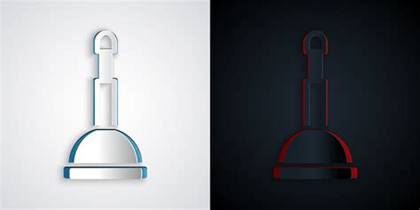 회색과 검은색 배경에 격리된 파이프 청소 아이콘을 위한 나무 손잡이가 있는 용지 컷 고무 플런저 화장실 플런저 종이 아트 스타일 벡터 3차원 형태에 대한 스톡 벡터 아트 및