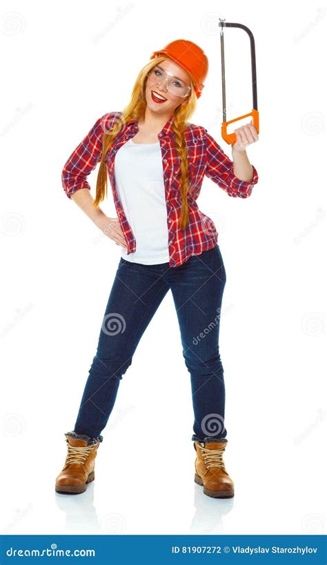 Junge Frau Im Sturzhelm Mit Den Arbeitswerkzeugen Auf Einem Wei Stockfoto Bild Von M Dchen