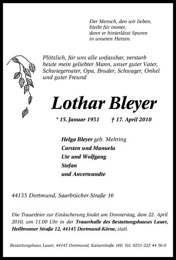 Traueranzeigen Von Lothar Bleyer Trauer In Nrwde