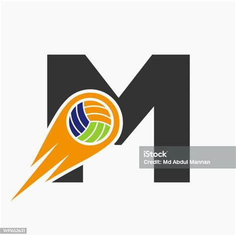 움직이는 배구 공 아이콘이 있는 문자 M 배구 개념입니다 배구 스포츠 유형 템플릿 건강한 생활방식에 대한 스톡 벡터 아트 및 기타 이미지 건강한 생활방식 경기 스포츠