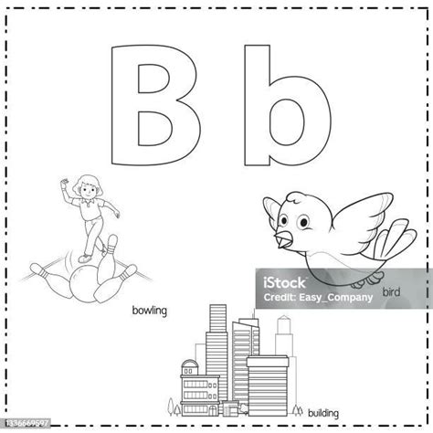 3 개의 만화 이미지를 가진 어린이를위한 소문자와 대문자 모두에서 문자 B를 학습하기위한 벡터 일러스트레이션 볼링 빌딩 새 건물