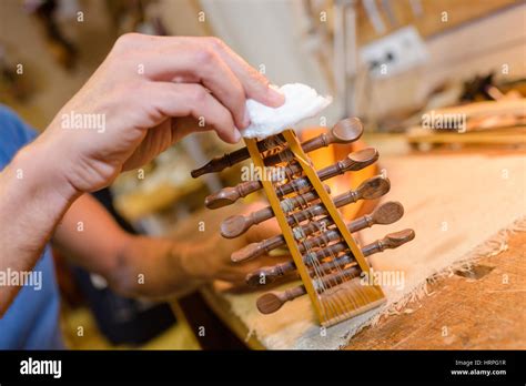 Man Polishing Pegs Of Instrument Stock Photo Alamy