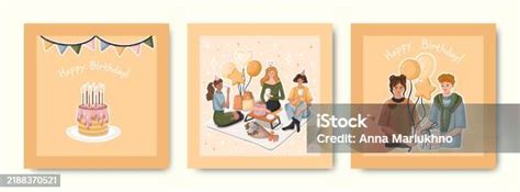 선물 교환 케이크 피크닉 파티 풍선 선물이 들어있는 쾌활한 생일 엽서 세트 손으로 그린 벡터입니다 귀여운에 대한 스톡 벡터 아트 및 기타 이미지 Istock