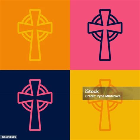 팝 아트 라인 셀틱 크로스 아이콘 색상 배경에 격리 해피 세인트 패트릭의 날 아일랜드 공휴일 벡터 St Patricks Day에 대한 스톡 벡터 아트 및 기타 이미지