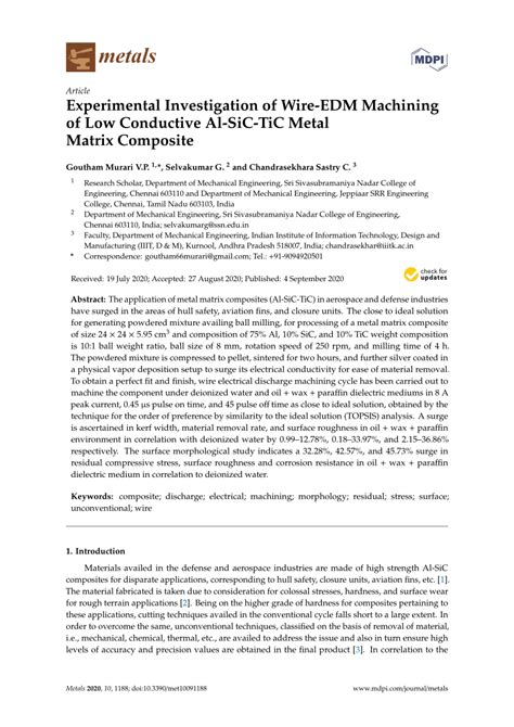 Pdf Experimental Investigation Of Wire Edm Machining Of Low Conductive Al Sic Tic Metal Matrix