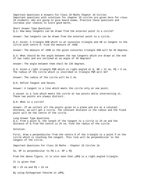 Class 10 Chapter 10 Practice Questions Pdf Circle Perpendicular