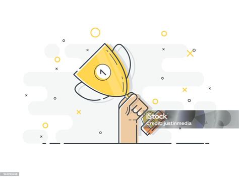 손에 금 컵입니다 손을 잡고 승자의 트로피 수상입니다 흰색 바탕에 유행 평면 벡터입니다 벡터 일러스트입니다 트로피에 대한 스톡