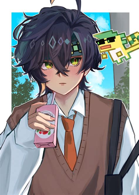 Safebooru 1boy 1other Ajaw Genshin Impact Black Hair Blush Brown