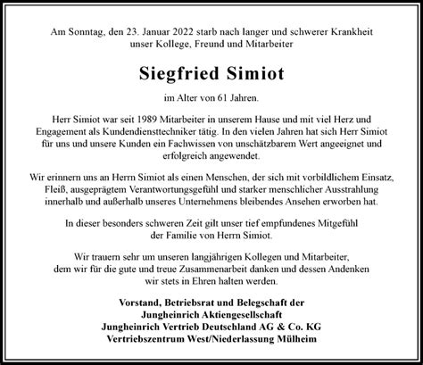 Traueranzeigen Von Siegfried Simiot Trauer In Nrwde