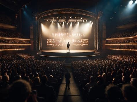 A Man Stands On A Stage In Front Of A Large Stage With A Large Audience