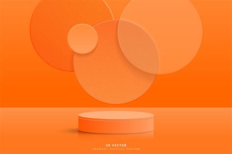 추상 주황색 3d 실린더 연단 받침대 또는 제품 디스플레이 스탠드 원형 유리 오버랩 및 공기 부동 쇼 코스메틱을 위한 최소한의 장면 3d 벡터 기하학적 플랫폼 디자인 3차원