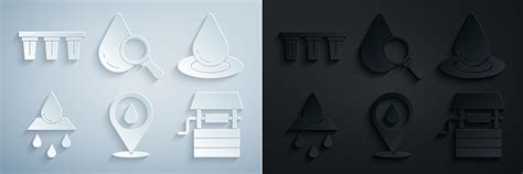 위치에 따라 물방울 깨끗한 아쿠아 재활용 우물 양동이 드롭 및 돋보기 및 필터 아이콘을 설정합니다 벡터 0명에 대한 스톡 벡터 아트 및 기타 이미지 Istock