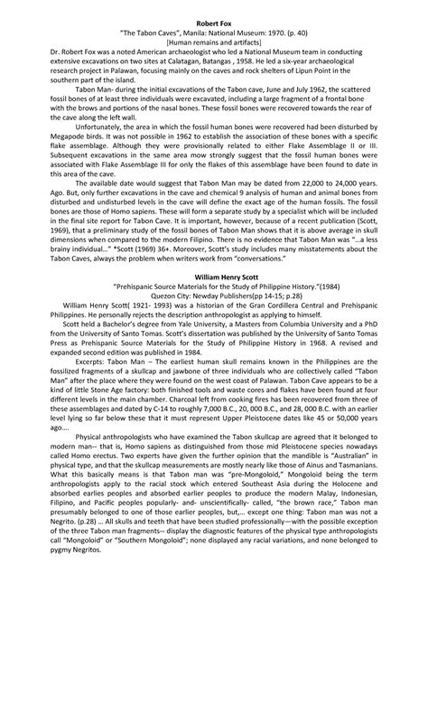 The Excerpts From The Tabon Man Robert Fox ”the Tabon Caves” Manila