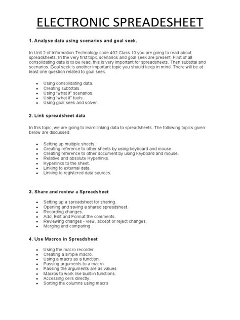 Electronic Spreadsheet Notes Pdf
