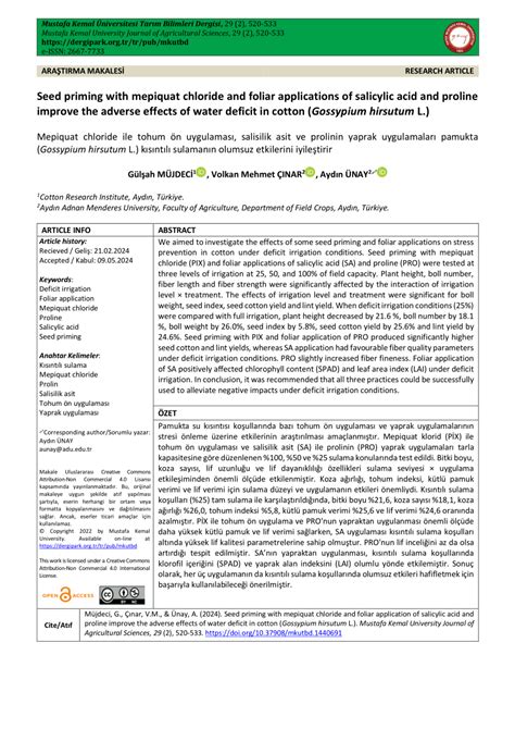 Pdf Seed Priming With Mepiquat Chloride And Foliar Applications Of Salicylic Acid And Proline