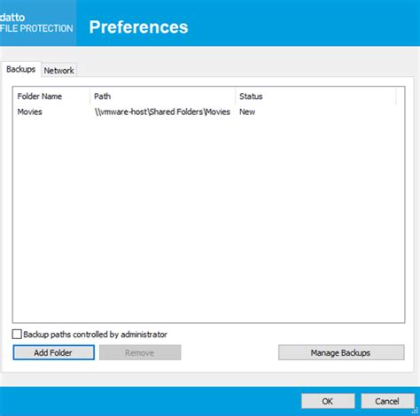 File Protection Server Backups Tab