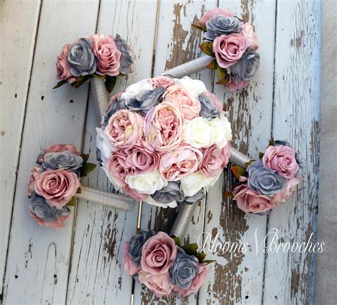 Dusty Rose Grey And Ivory Wedding Bouquet Wedding Flowers Etsy